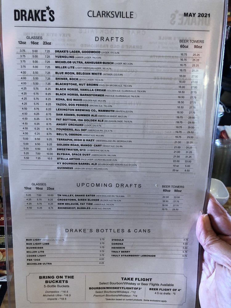 Menu at Drake's Clarksville restaurant, Clarksville