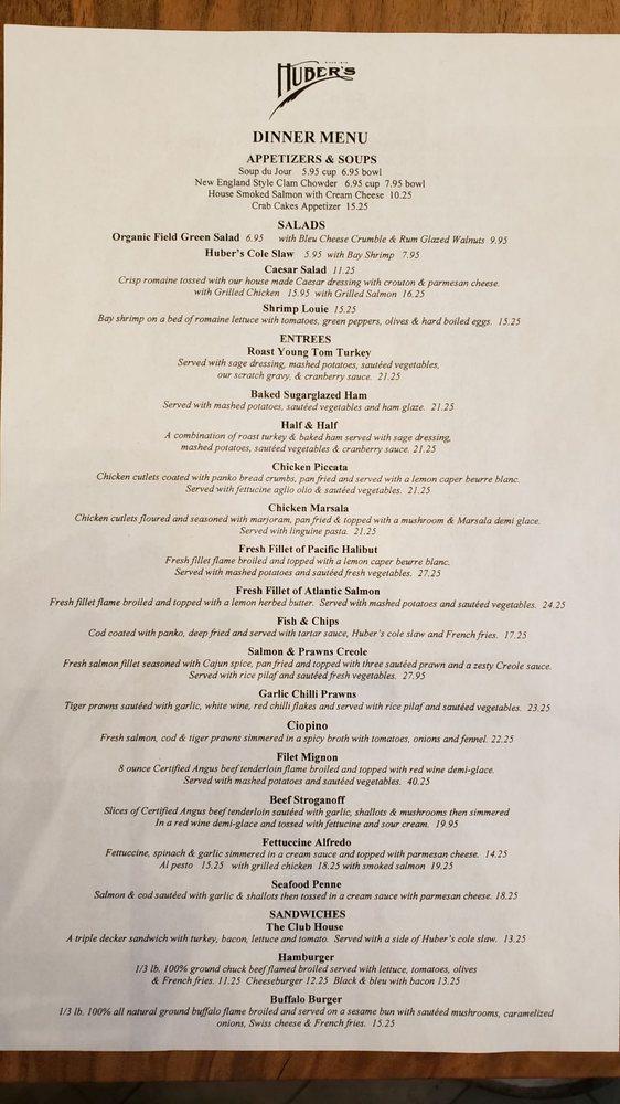Menu at Huber's Cafe, Portland