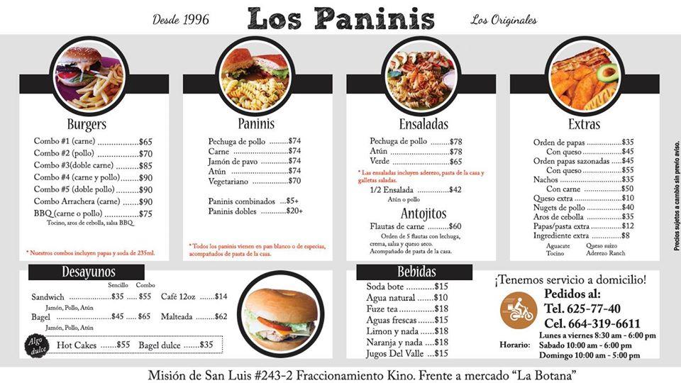Menu at Thrifty y Paninis restaurant, Tijuana