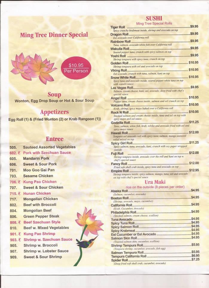 Menu at New ming tree restaurant, Crawfordville