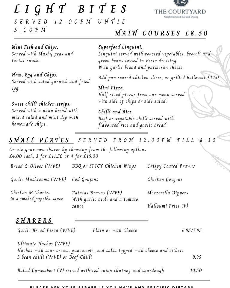 Menu at The Courtyard @ No.12 pub & bar, Burton upon Trent