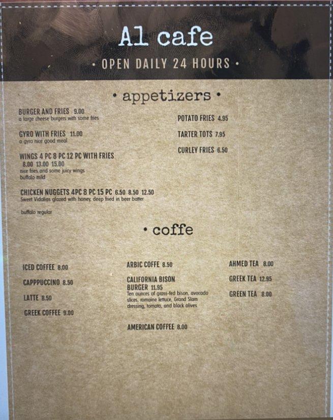 Menu at A1 cafe, Tarpon Springs