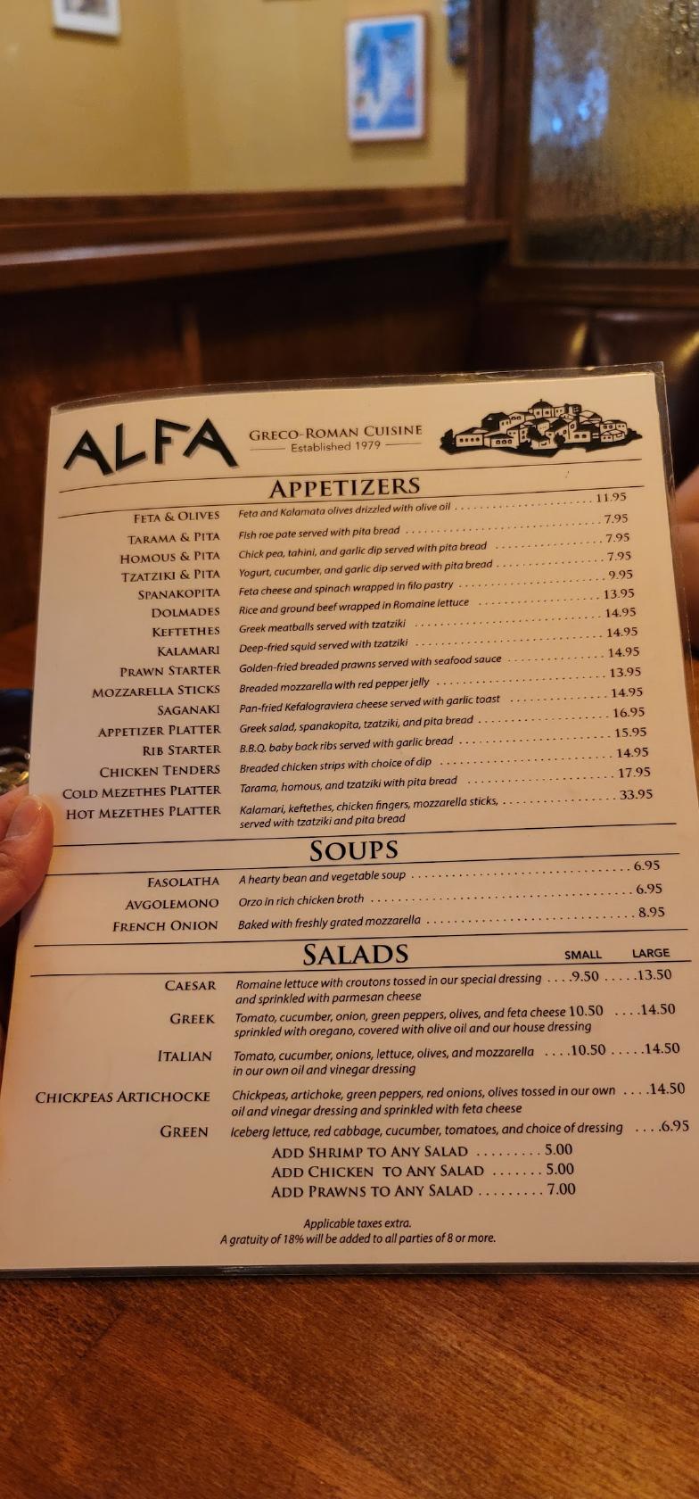 Menu at Alfa Greco Roman Cuisine restaurant, Delta