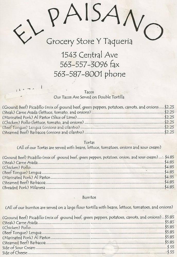 Menu at El Paisano restaurant, Dubuque