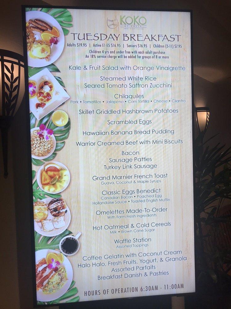 Menu at MILITARY ONLY - Koko at Kalia at Hale Koa restaurant, Honolulu ...