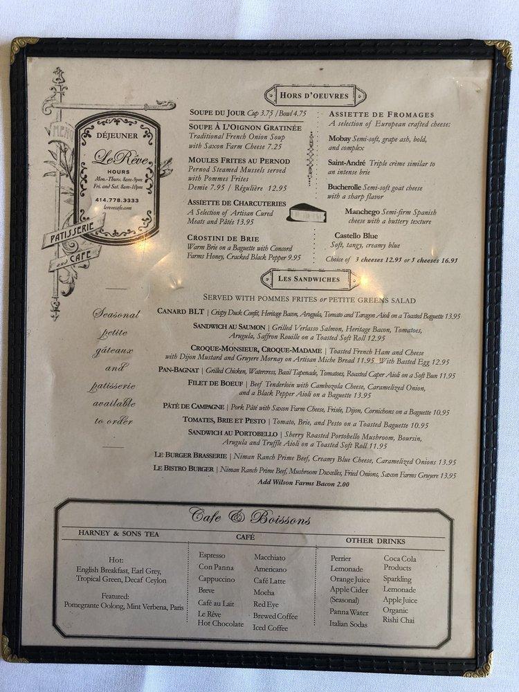 Menu at Le Reve Pâtisserie & Café restaurant, Wauwatosa