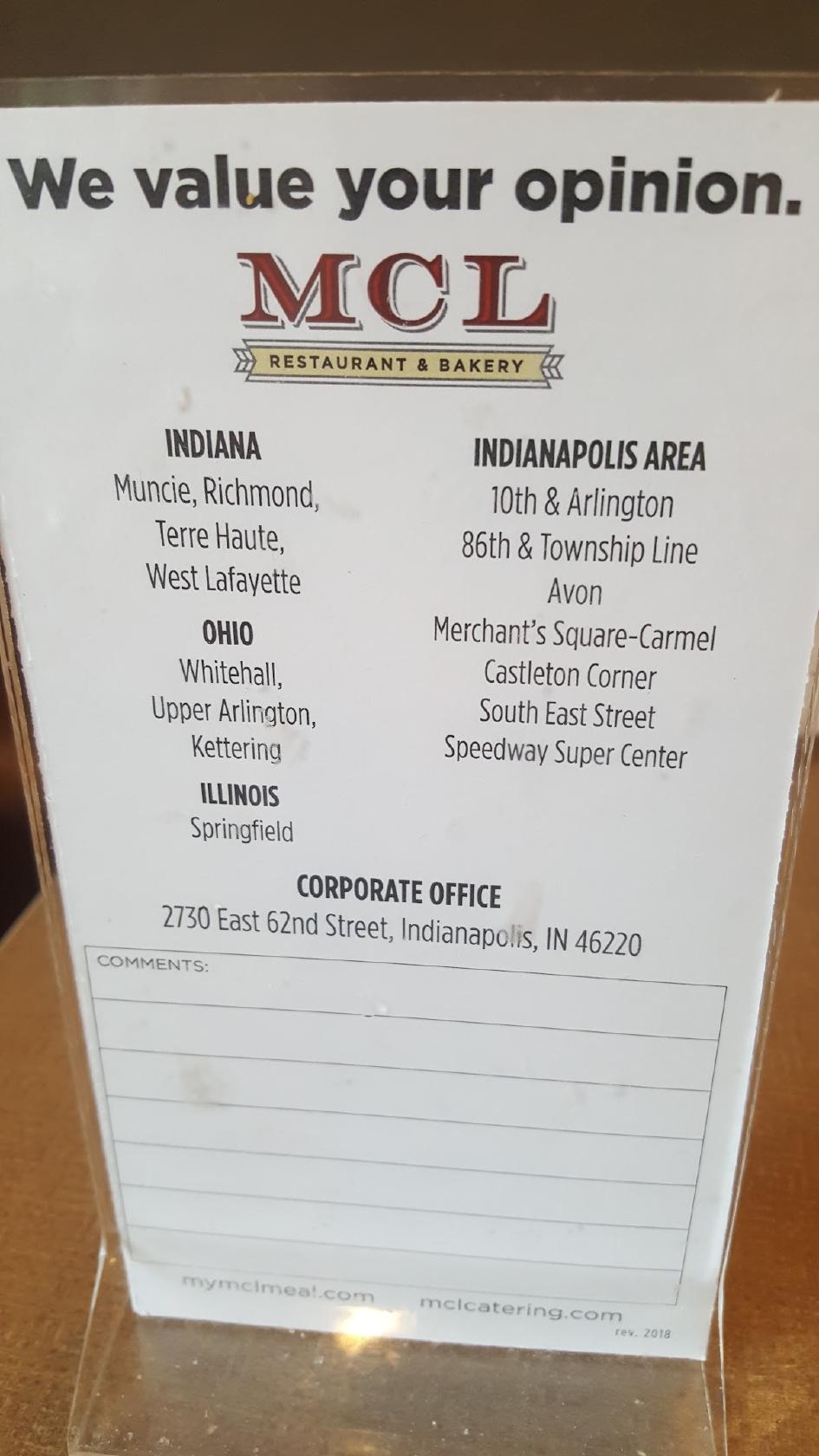 Menu at MCL Restaurant & Bakery Springfield, Springfield, Wabash Ave