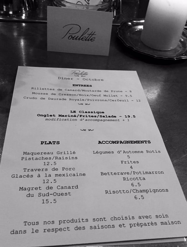 Menu at Poulette restaurant, Paris, 3 Rue Étienne Marcel