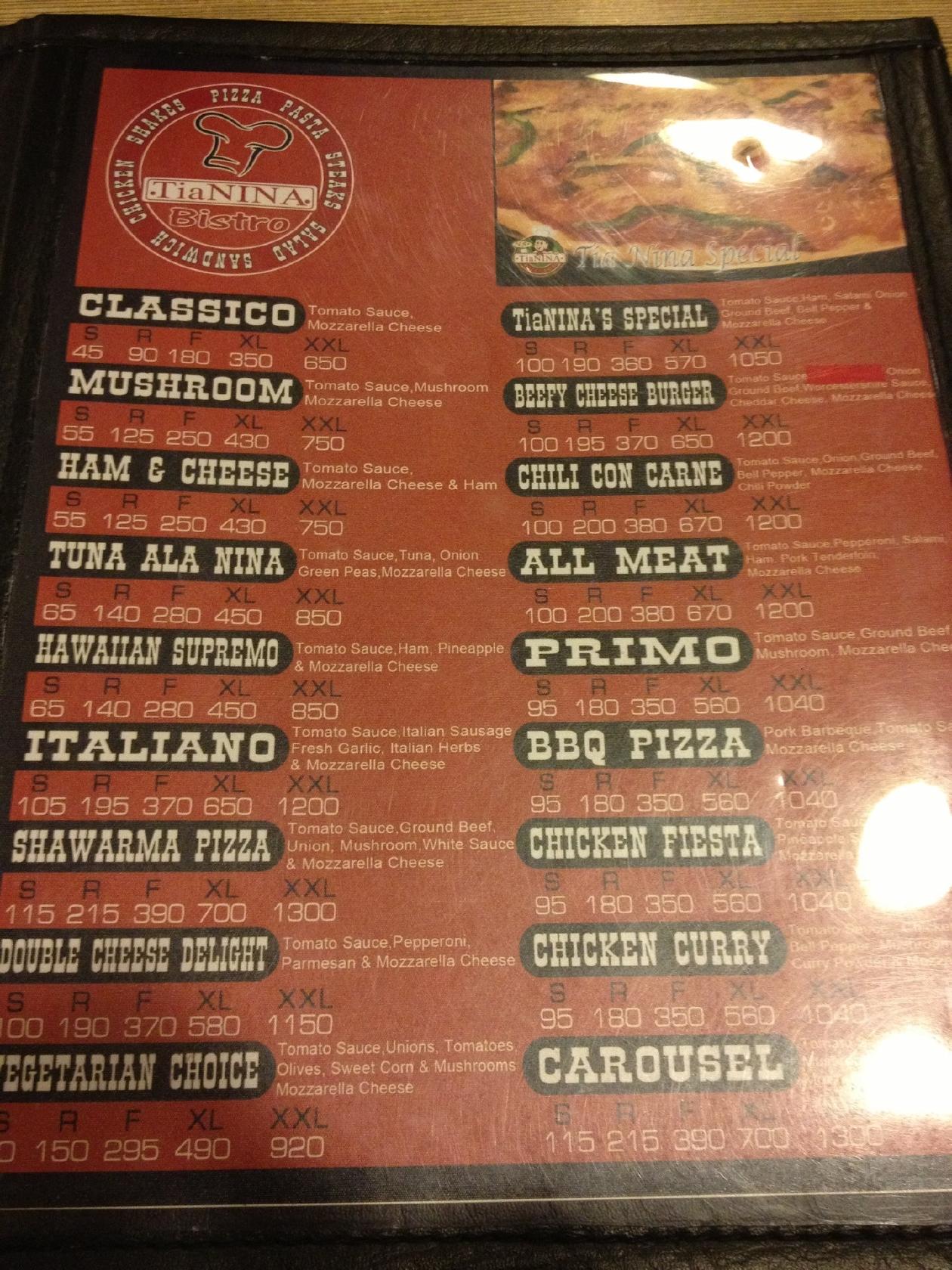 Menu at TiaNina Pizza and Pasta restaurant, General Santos City