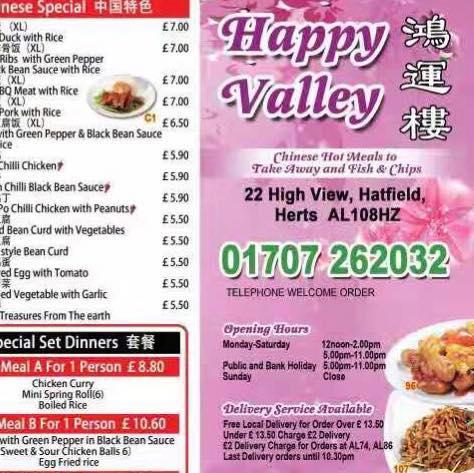 Menu at Happy Valley Chinese Takeaway fast food, Hatfield