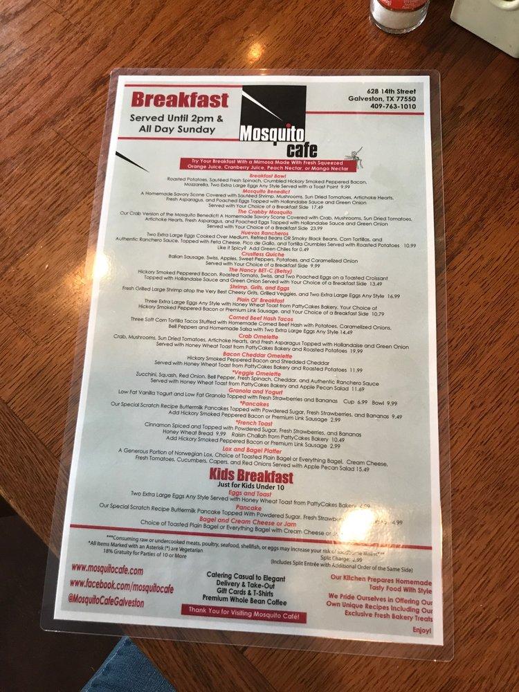 Menu at Mosquito Cafe, Galveston