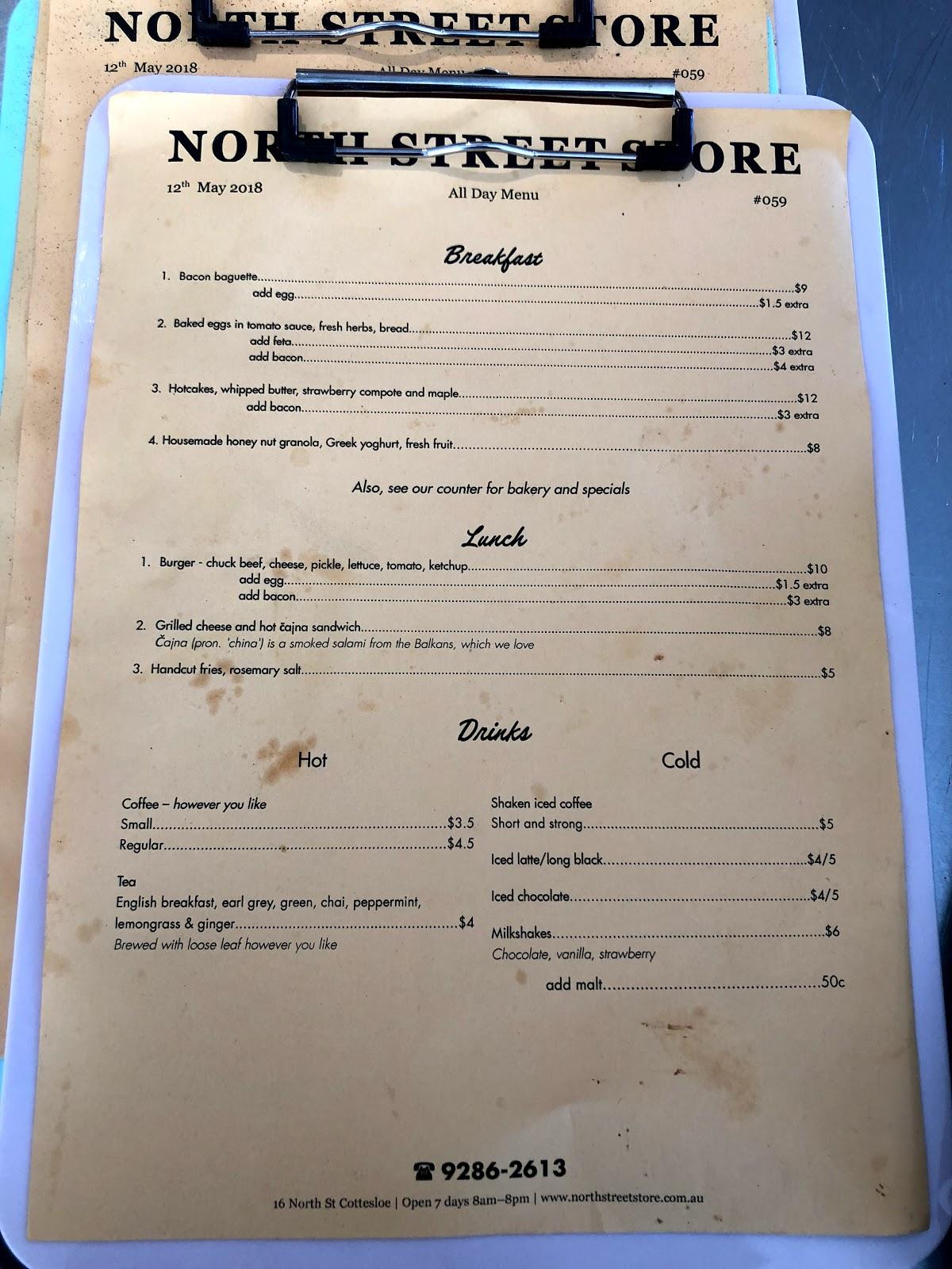 Menu at North Street Store cafe, Cottesloe