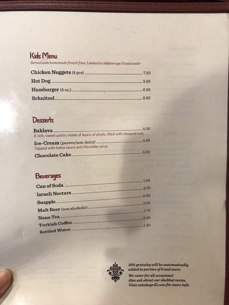 Menu at Sababa Grill restaurant, Teaneck