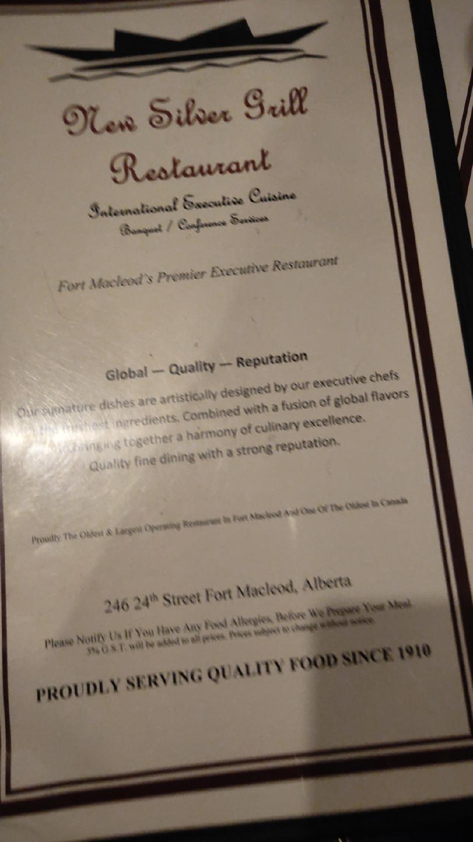 Menu at Silver Grill Restaurant, Fort MacLeod
