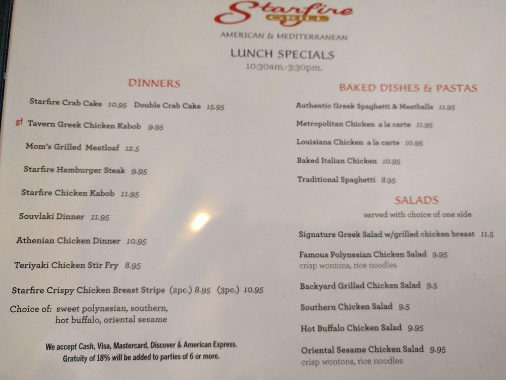 Menu at Starfire Grill pub & bar, Florence