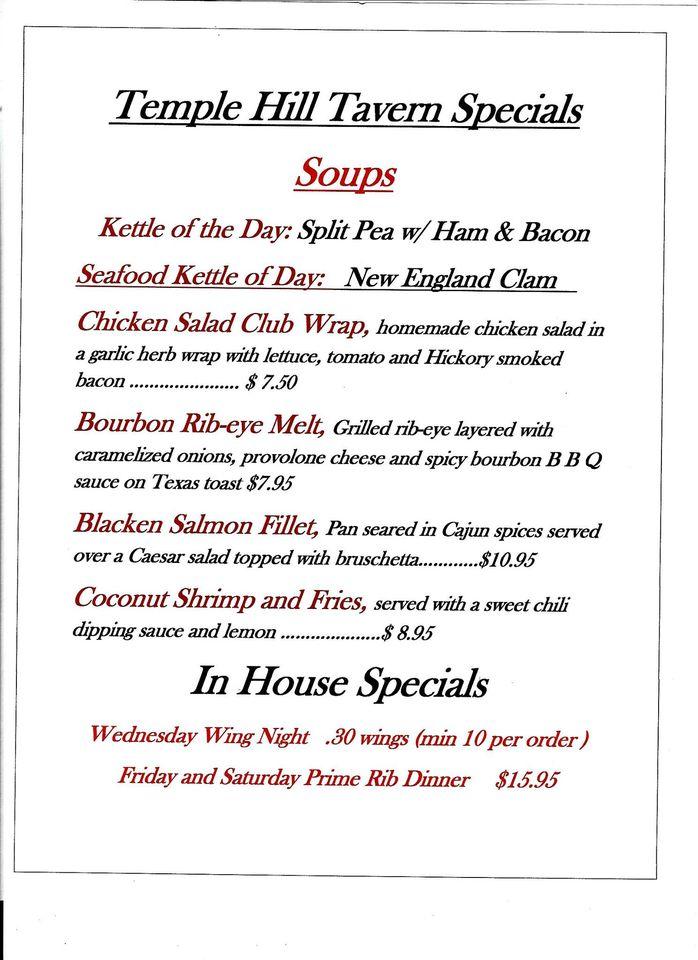 Menu at Temple Hill Tavern pub & bar, New Windsor