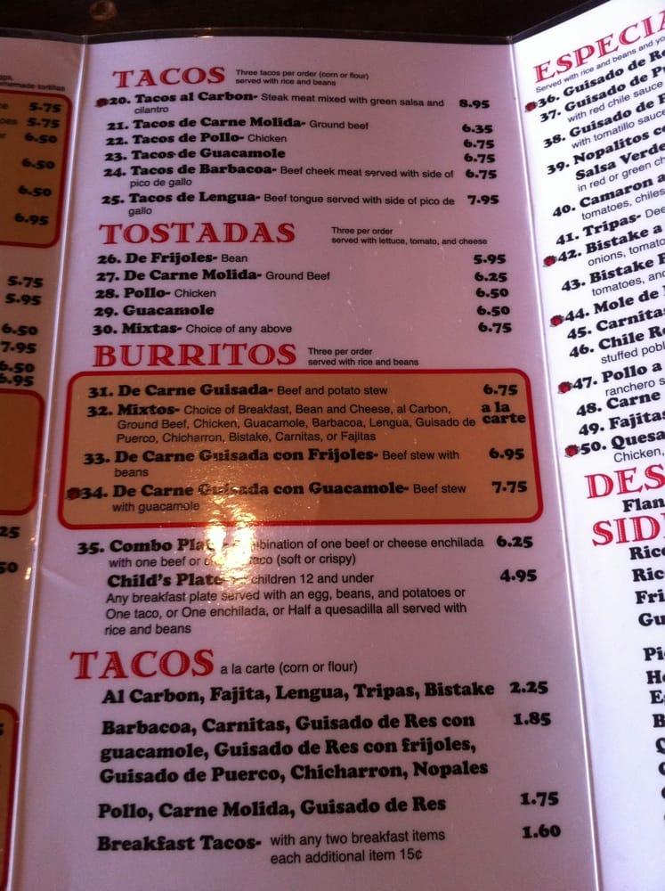 Menu at Tipico's restaurant, Dallas