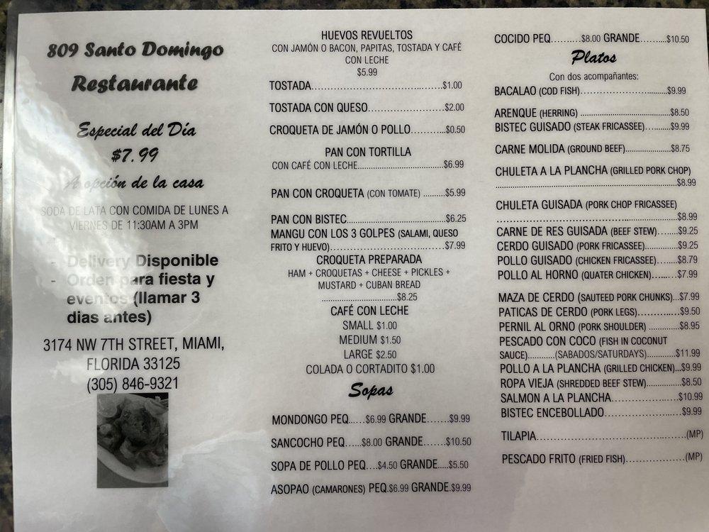 Menu at 809 Santo Domingo restaurante, Miami