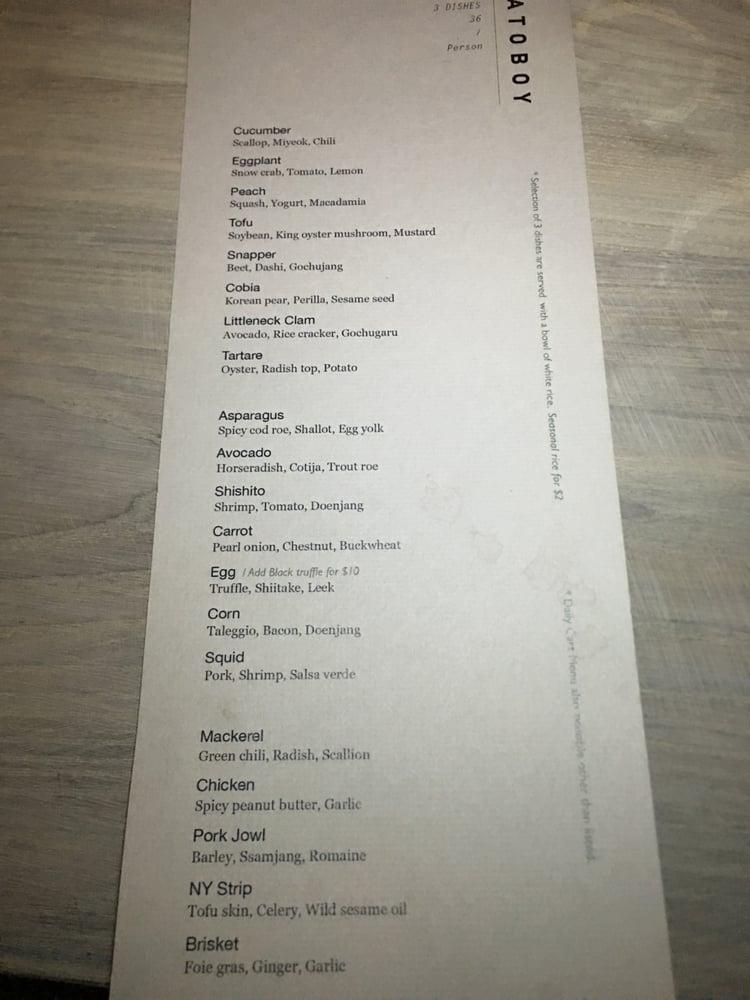 Menu at Atoboy restaurant, New York City
