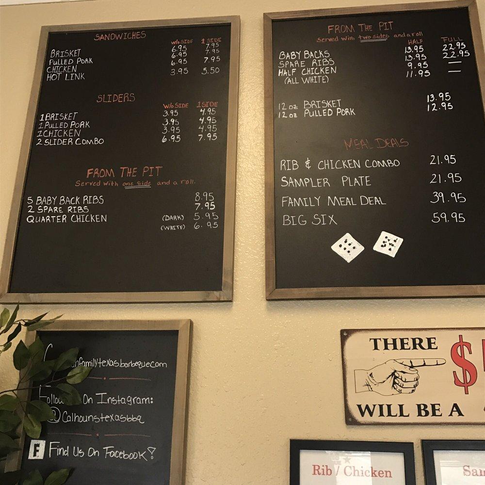 Menu at Calhoun's Family Texas Barbeque, Murrieta