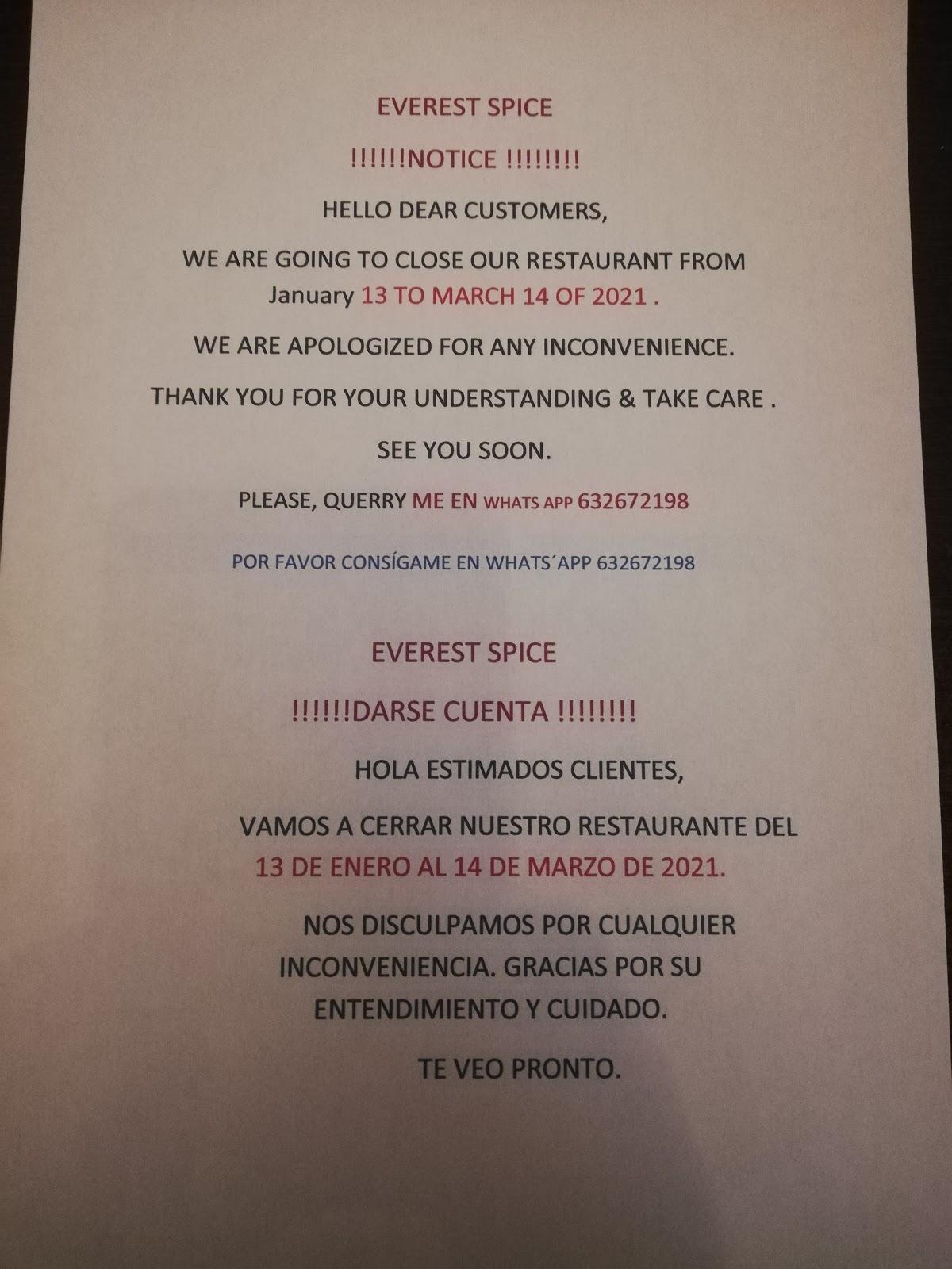 Carta de Restaurante Everest Spice, Jávea