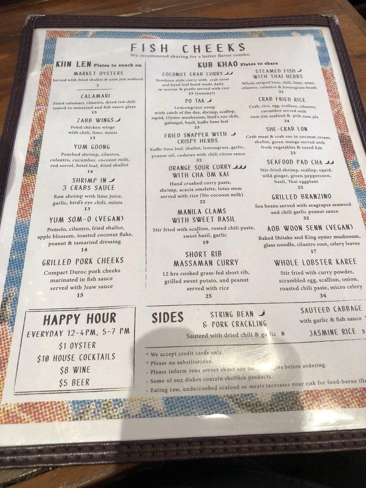 Menu at Fish Cheeks restaurant, New York City, 55 Bond St