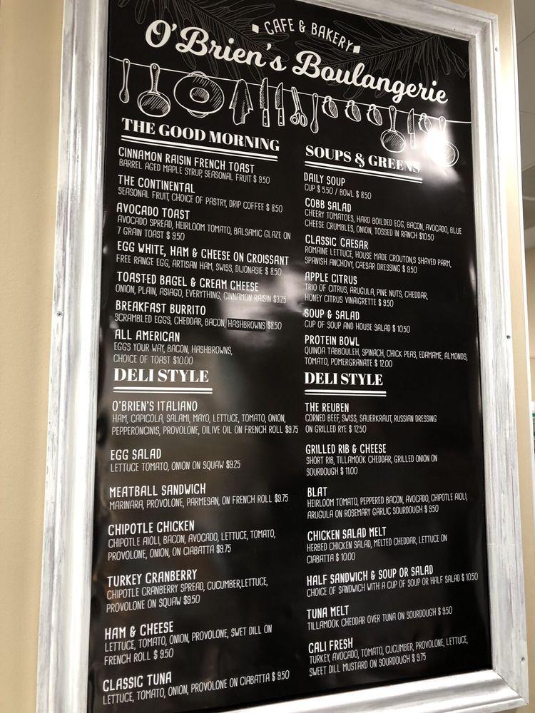 Menu at O'Brien's Boulangerie cafe, Poway