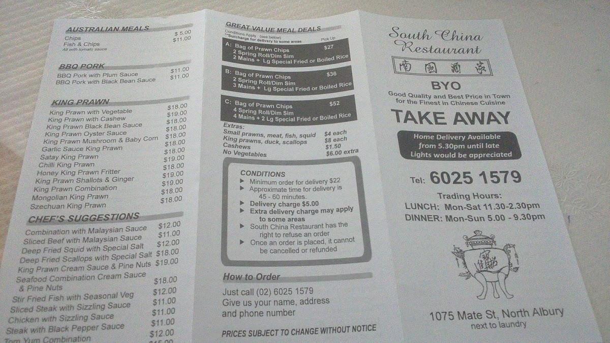 Menu at South China Restaurant, Albury