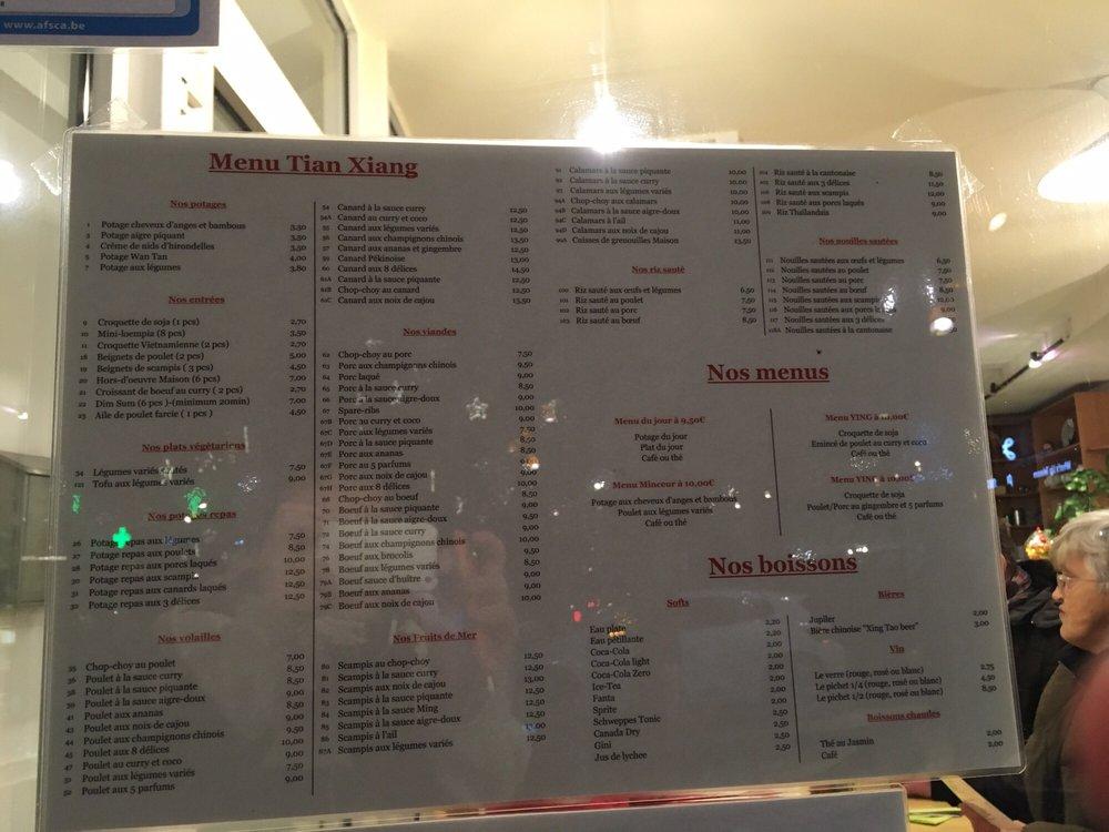 Menu au Tian Xiang, Watermael-Boitsfort, Place Eugène Keym 6