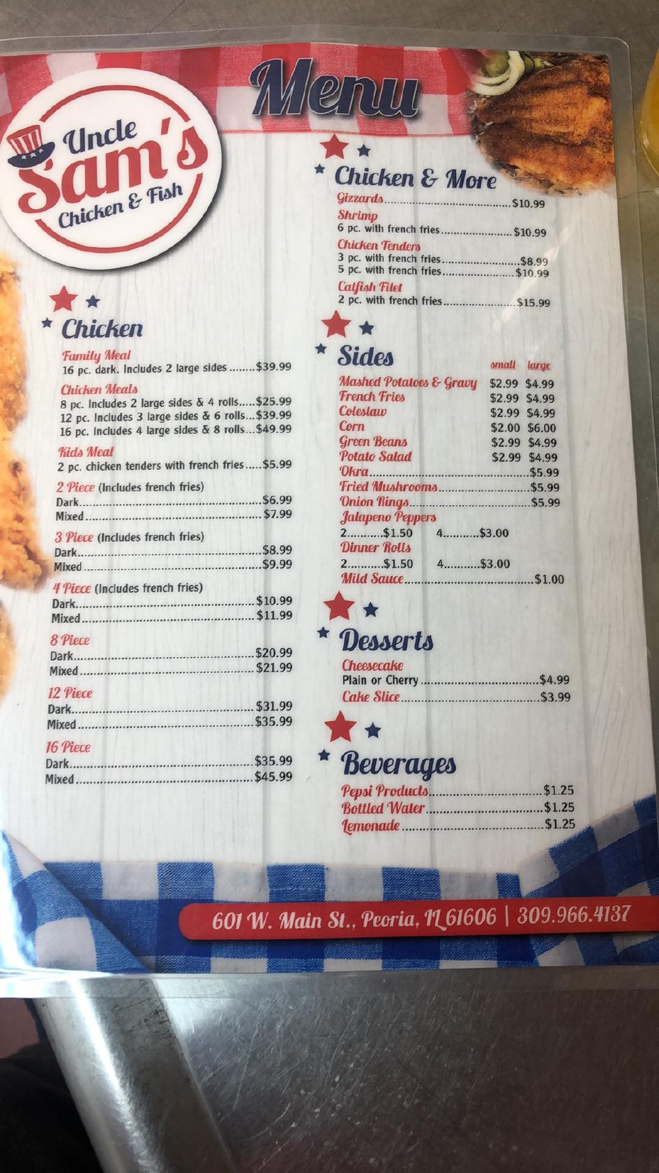 Menu at Uncle Sam’s Chicken & Fish restaurant, Peoria
