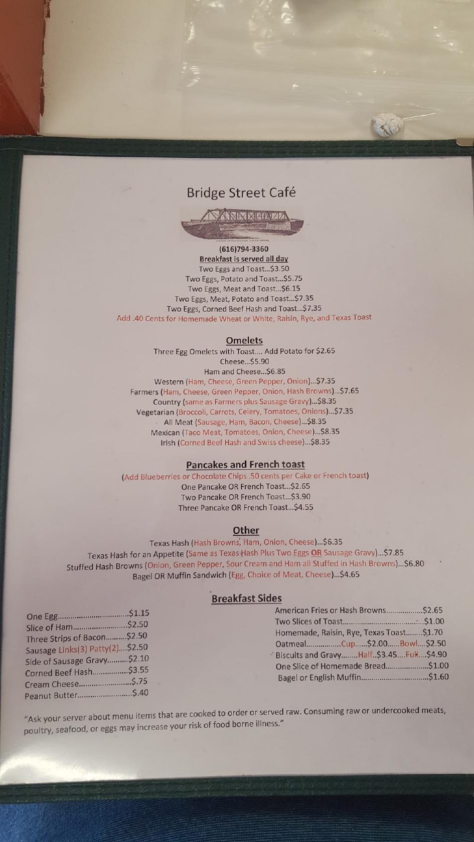 Menu at Bridge Street Cafe, Belding