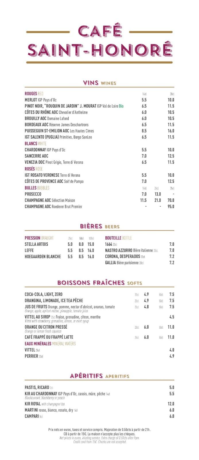 Menu at Café Saint Honoré, Paris