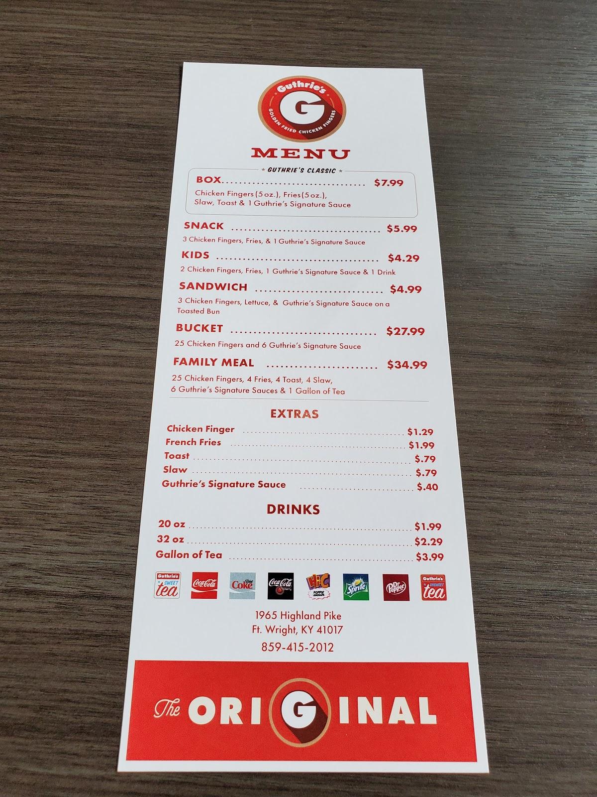 Menu at Guthrie's Chicken restaurant, Fort Wright