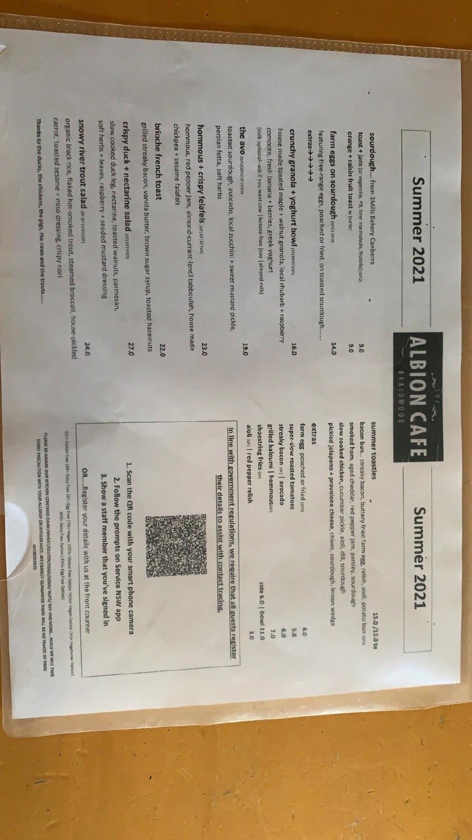 Menu at The Albion Cafe, Braidwood