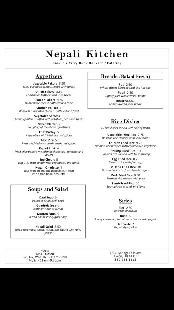 Menu at Nepali Kitchen Restaurant, Akron