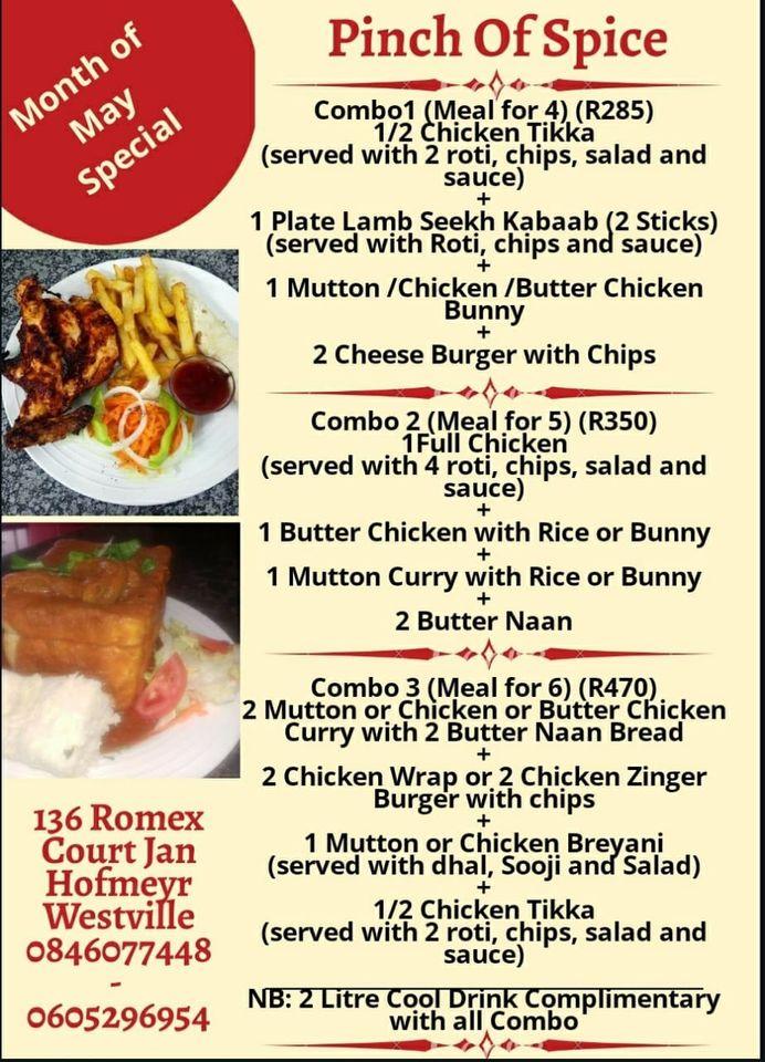 Menu at Pinch of Spice restaurant, Westville