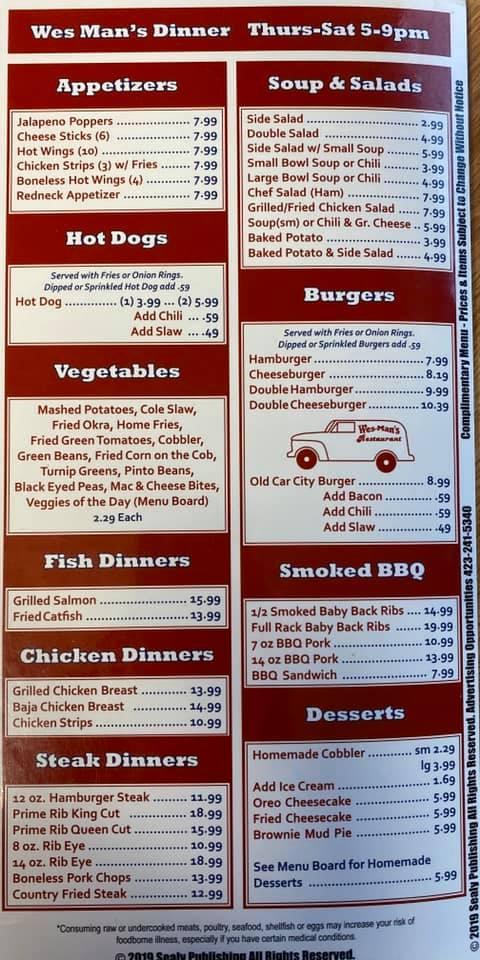 Menu at Wes-Man’s Restaurant, White