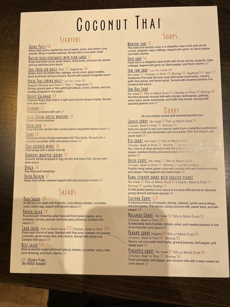 Menu at Coconut Thai on Grand restaurant, Saint Paul