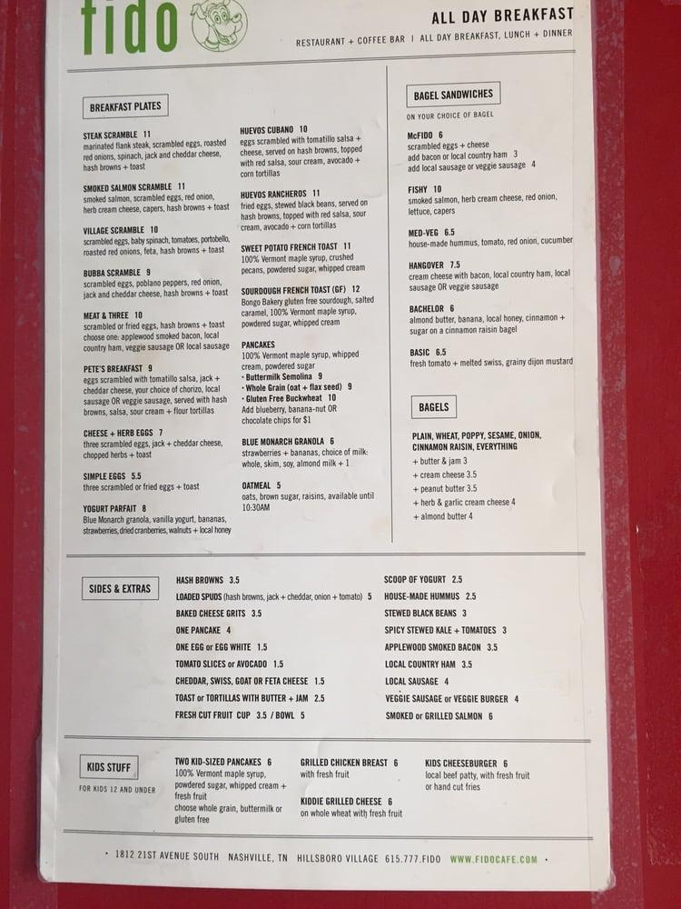 Menu at Fido cafe, Nashville