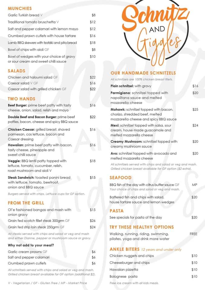 Menu at Schnitz and Giggles restaurant, Bulli