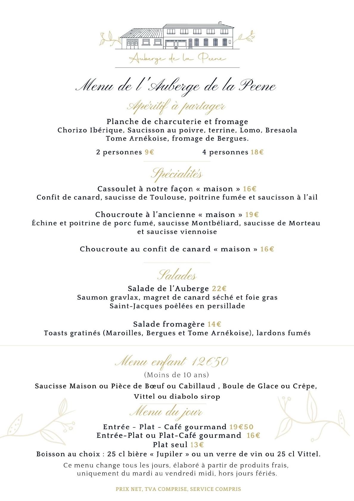 Menu at Auberge De La Peene restaurant, Noordpeene