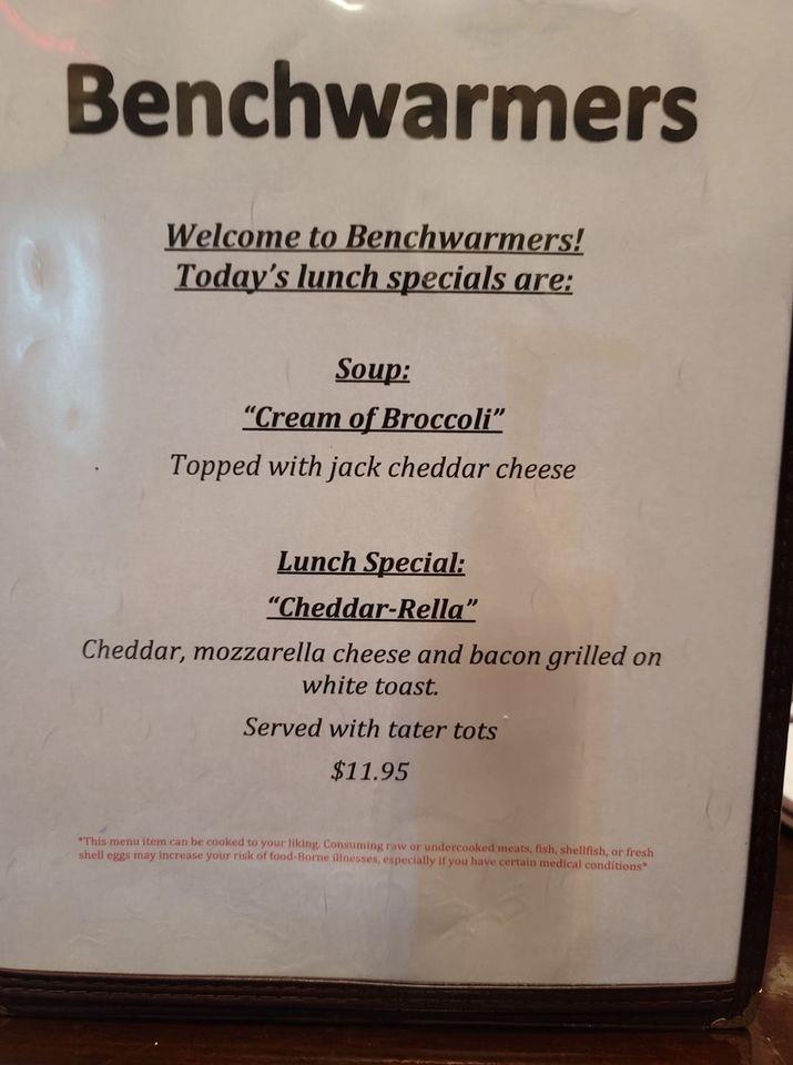 Menu at Benchwarmer's Tavern and Grill pub & bar, Mount Sinai