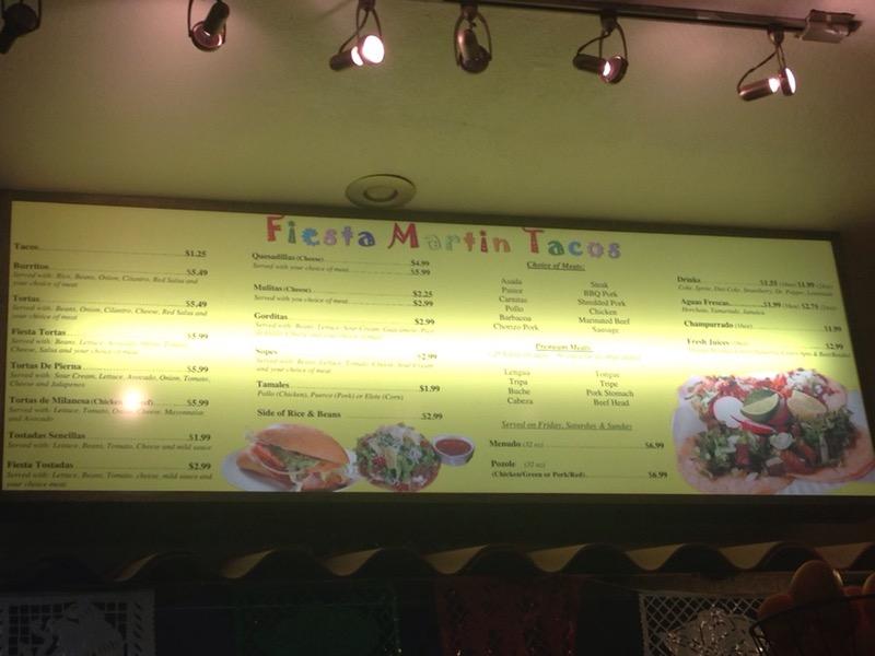 Menu at Fiesta Martin Tacos restaurant, Inglewood