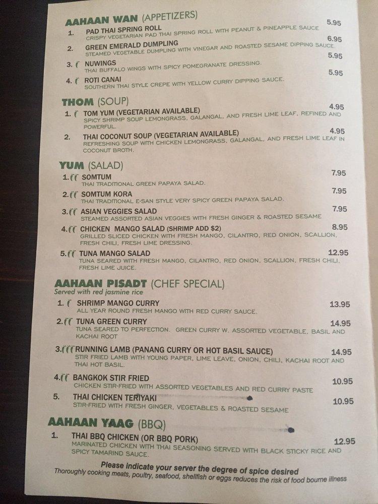 Menu at Jeera Thai restaurant, New Haven, 216 Crown St