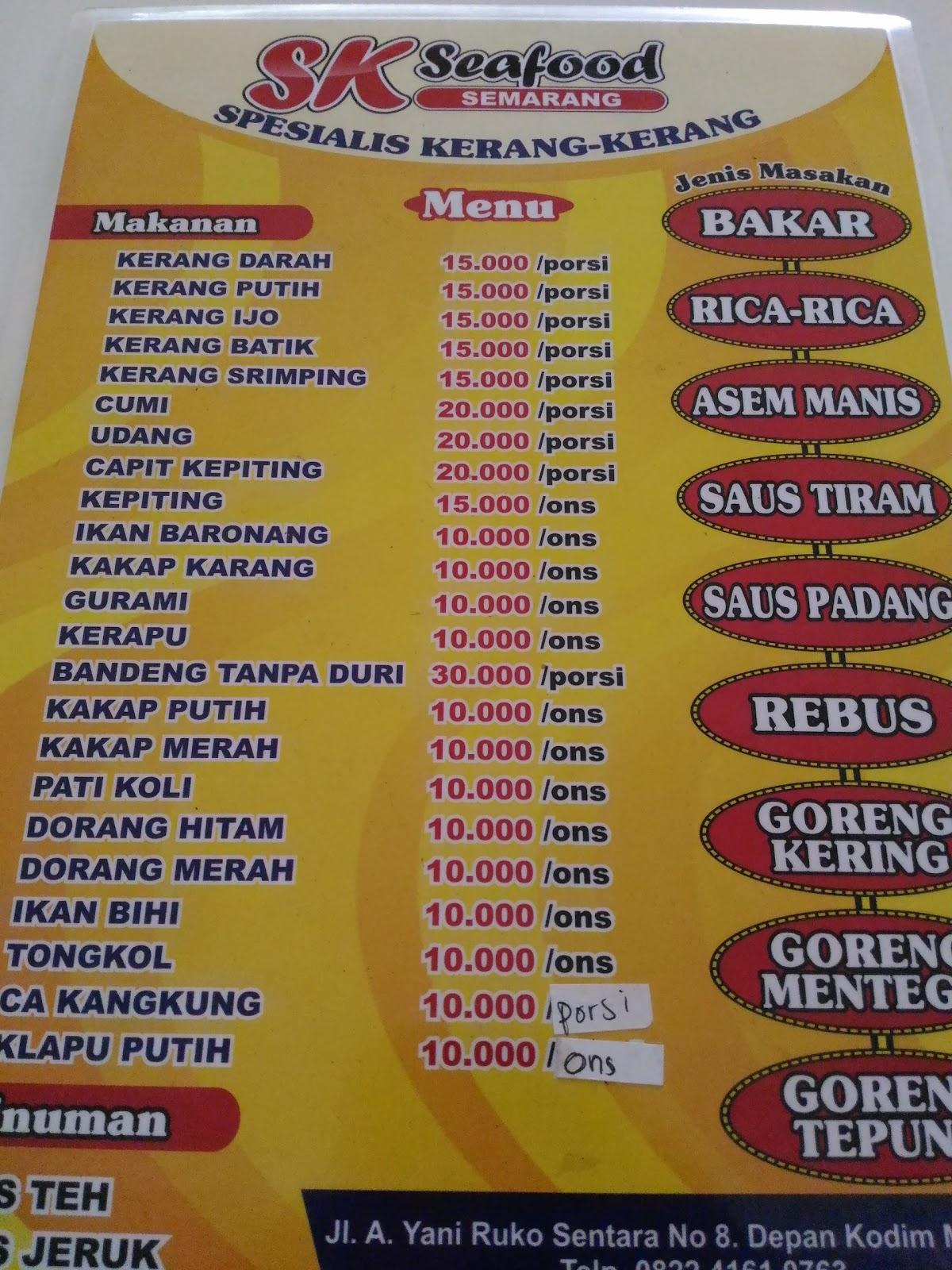 Menu at SK Seafood Semarang restaurant, Magelang