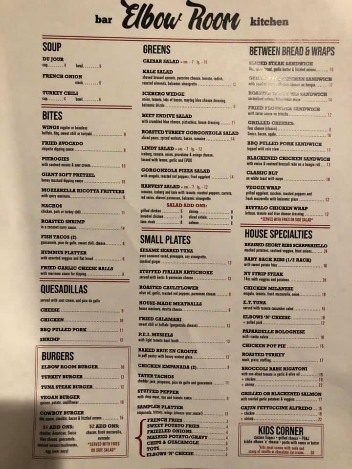 Menu at The Elbow Room pub & bar, Bradley Beach