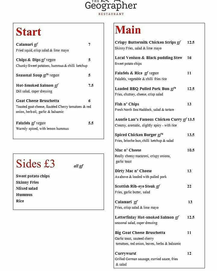 Menu at The Geographer restaurant, Fort William