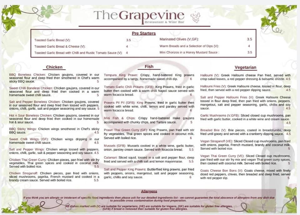 Menu at The Grapevine Restaurant, Southport