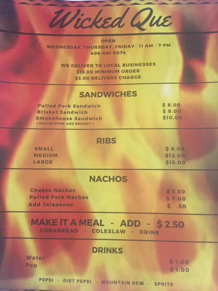 Menu at Wicked Que restaurant, Butte