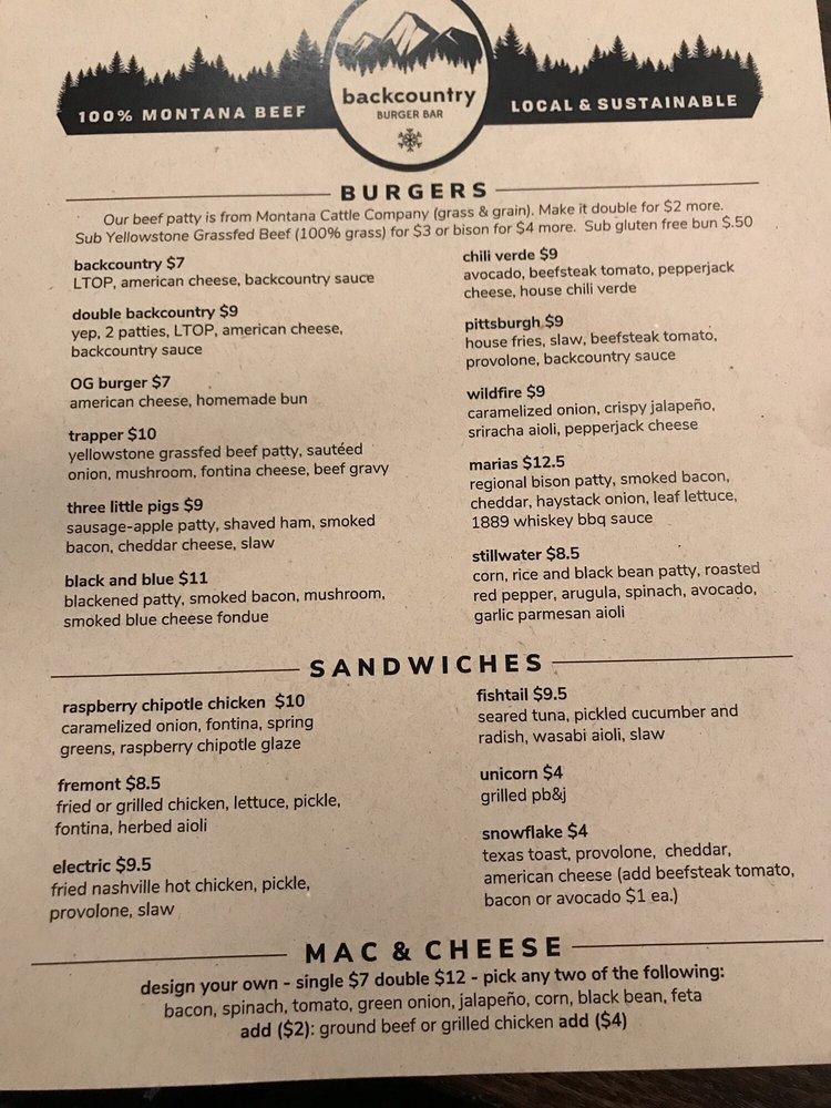 Menu at Backcountry Burger Bar, Bozeman